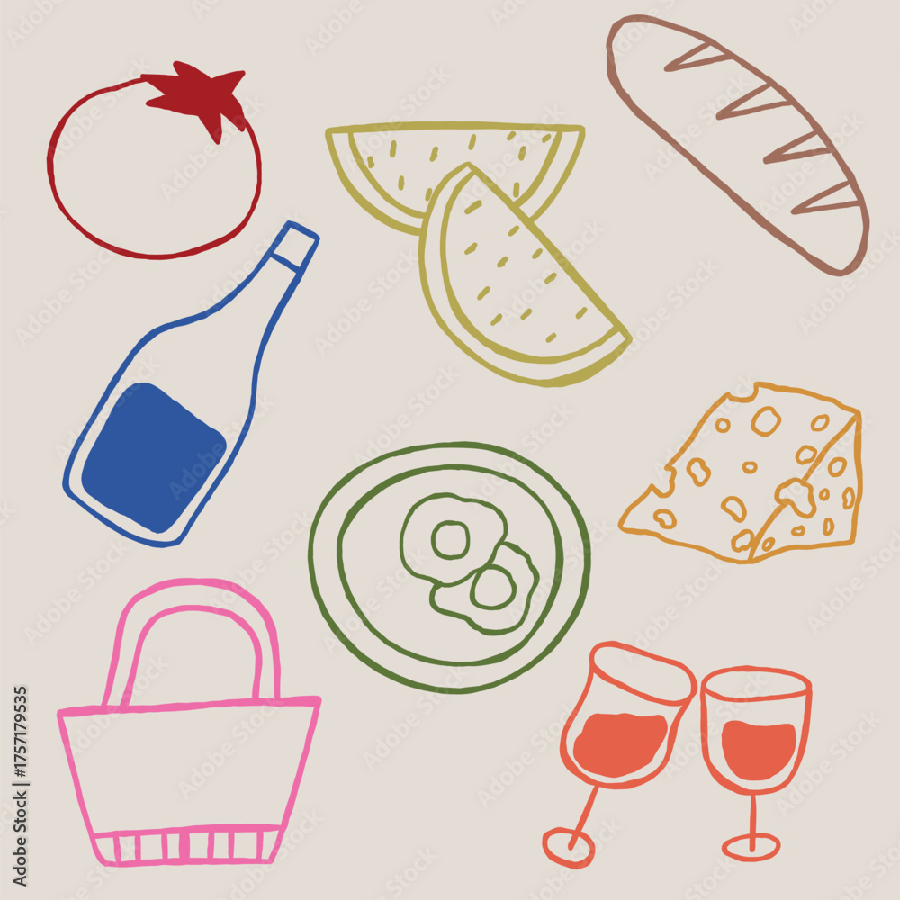 hand drawn dinner doodles colorful illustration Stock Vector | Adobe Stock