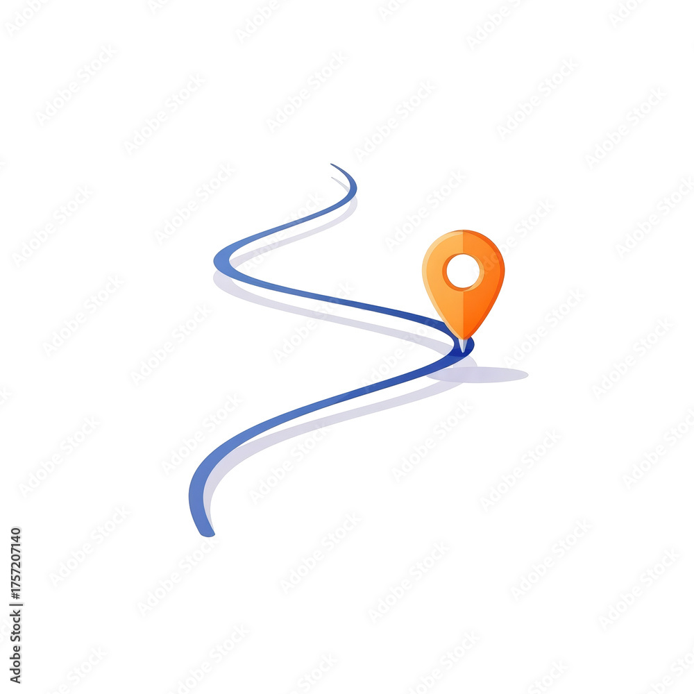 Orange map pin on winding blue and white path against black background ...