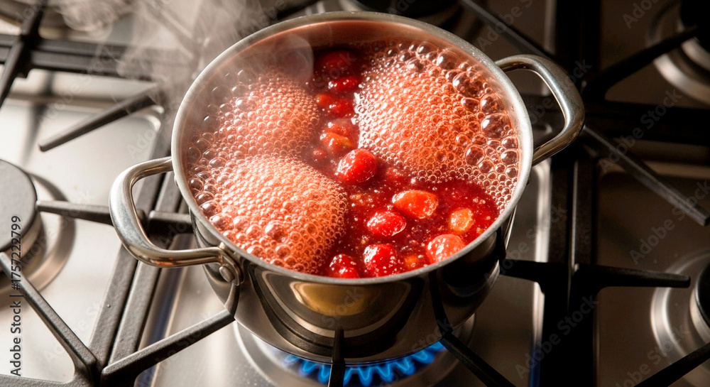 Macro photography: Cranberries and cherries in hot bubbling fruit drink ...
