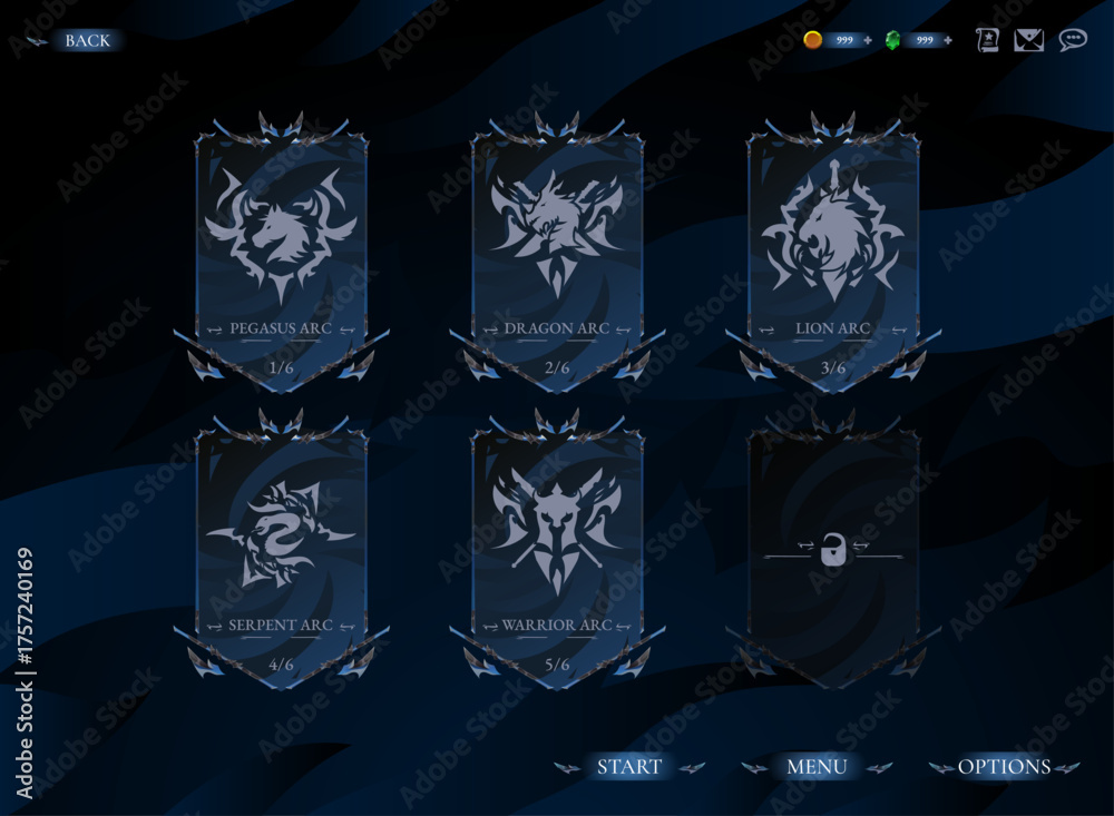 Fantasy RPG game arc selection menu, dark blue elegant UI interface ...