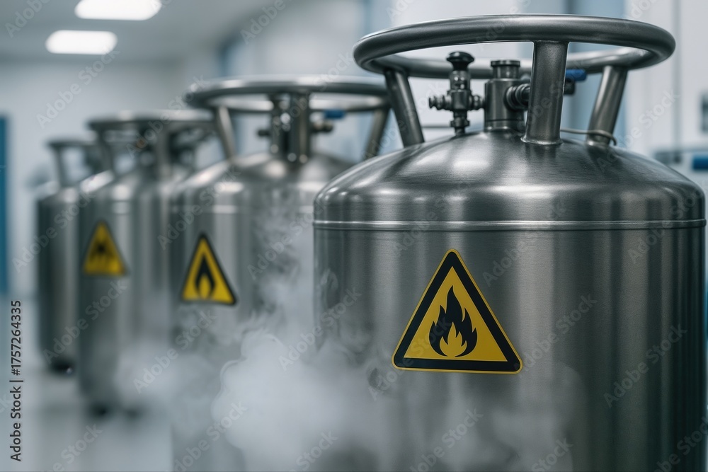 Cryogenic Lab Storage Tanks With Safety Signages in a Laboratory ...