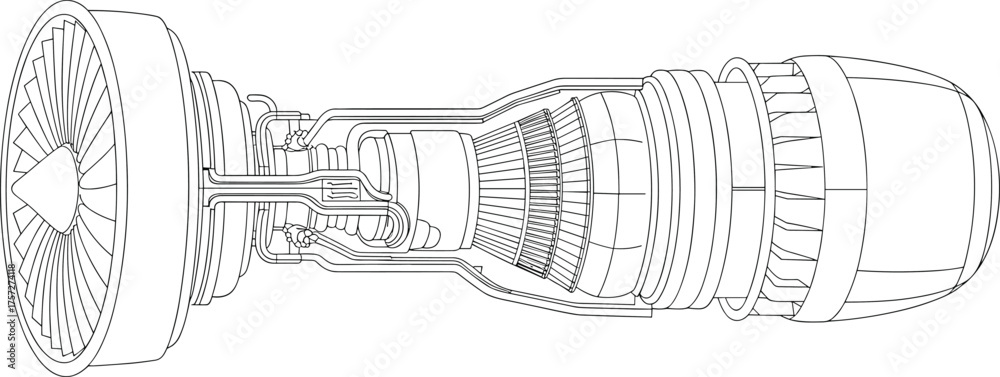 Jet engine cross-section, turbofan structure, vector illustration, CAD ...