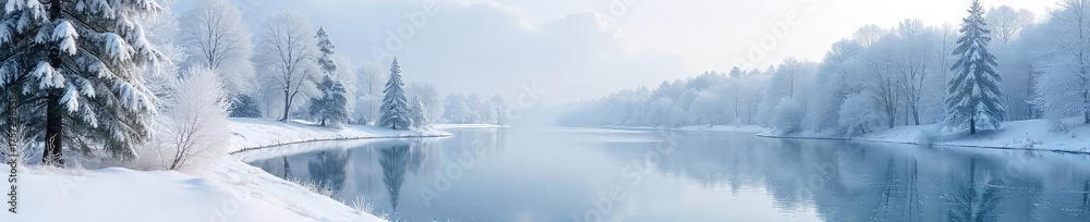A snow-covered landscape with frosted trees and a frozen lake ...