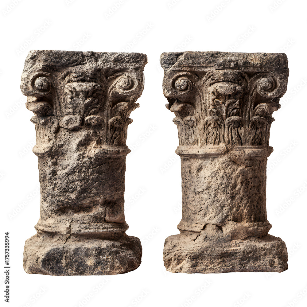 Ancient Pillars: A detailed capture of two weathered, stone pillars ...