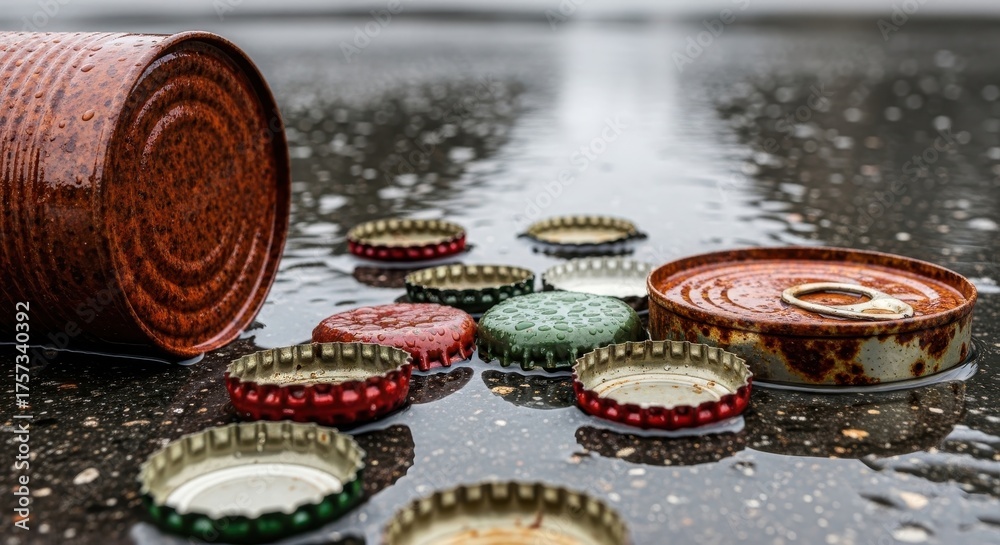 Rusted metal barrels and bottle caps on wet asphalt create a compelling ...
