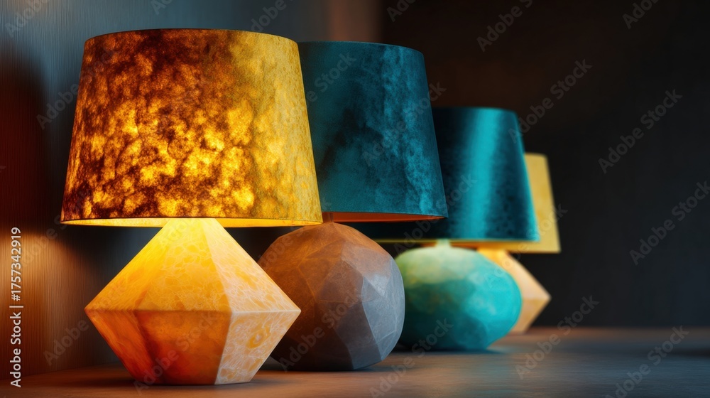 Group of three lamps on a wooden table. the lamps are arranged in a row ...