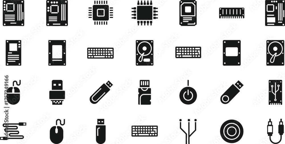 Collection of computer hardware icons including processors hard drives ...