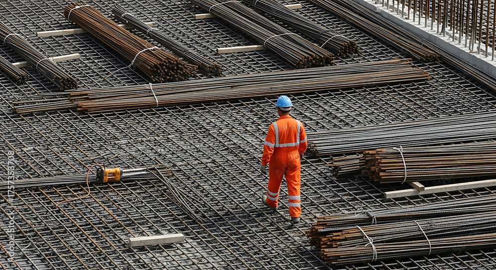 Construction worker on steel reinforcement mesh with rebar bundles for ...