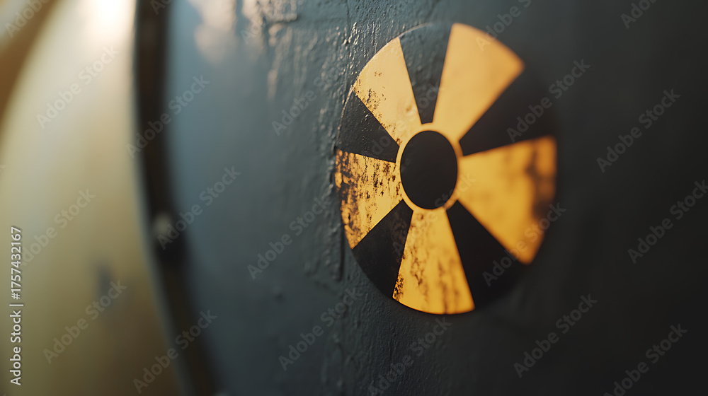 Close-up on an old, worn radiation warning symbol. The black and yellow ...