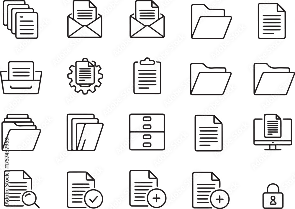 business document icons monochrome line symbols for file organization ...