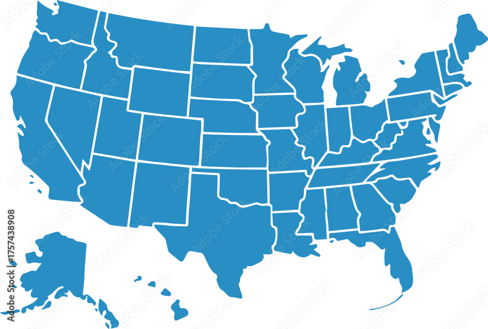 blue vector map of the united states all 50 states simplified editable ...