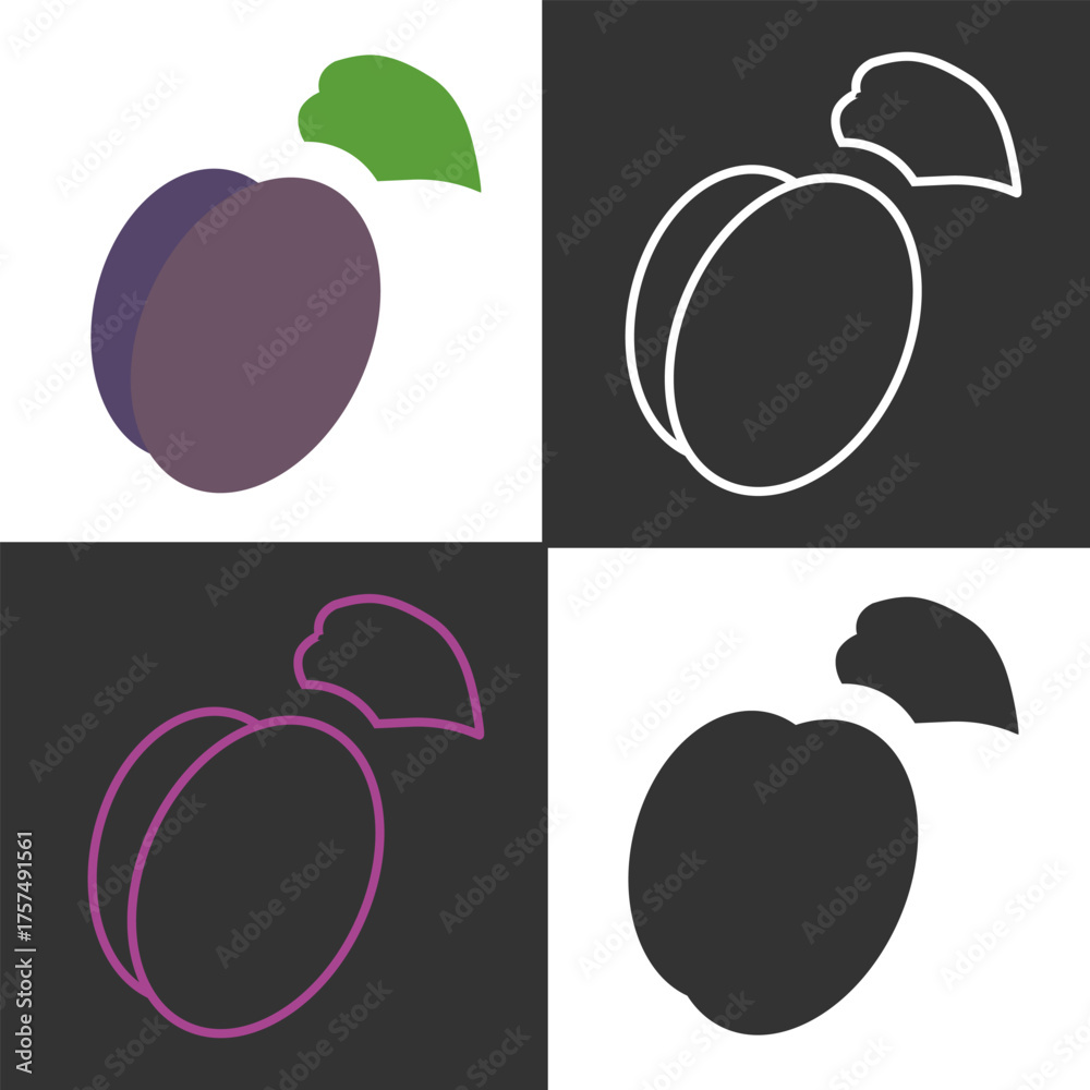 This collection features line icons of plums in different designs ...
