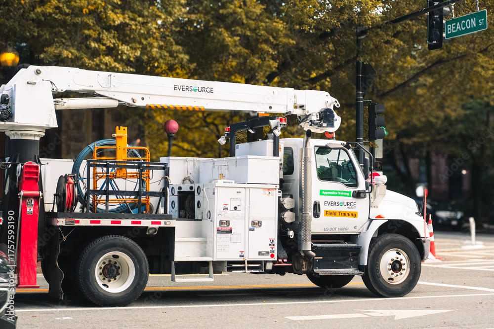 Boston, USA - 15 October 2025. utility service truck from Eversource ...