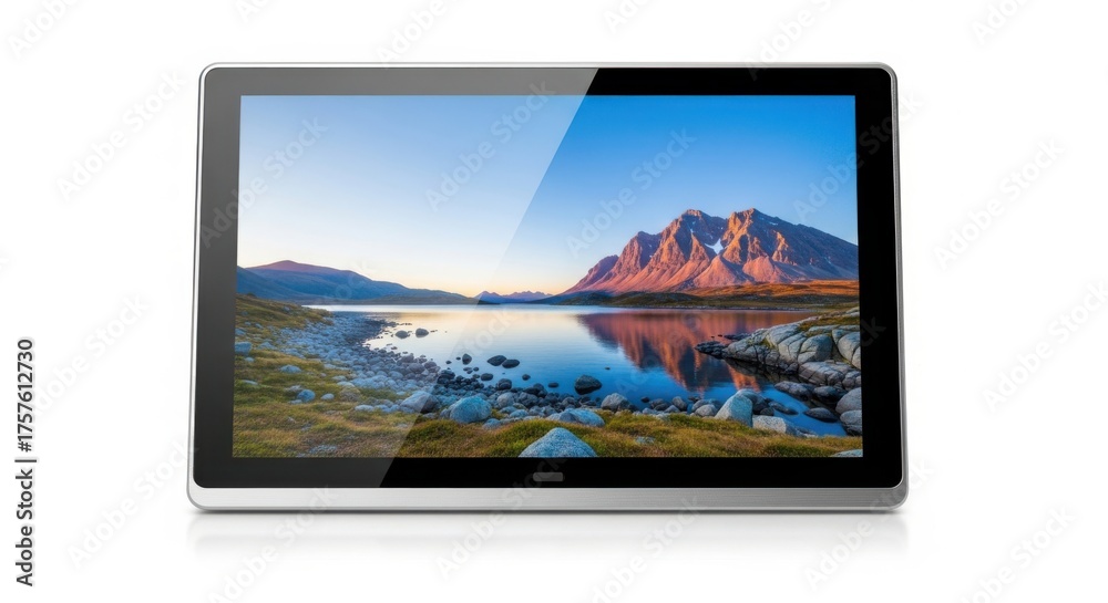 Modern flat screen computer monitor displaying a scenic mountain lake ...