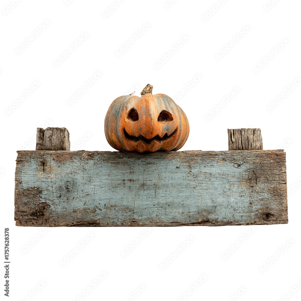 Spooky jack o lantern pumpkin emerging from weathered wooden structure ...