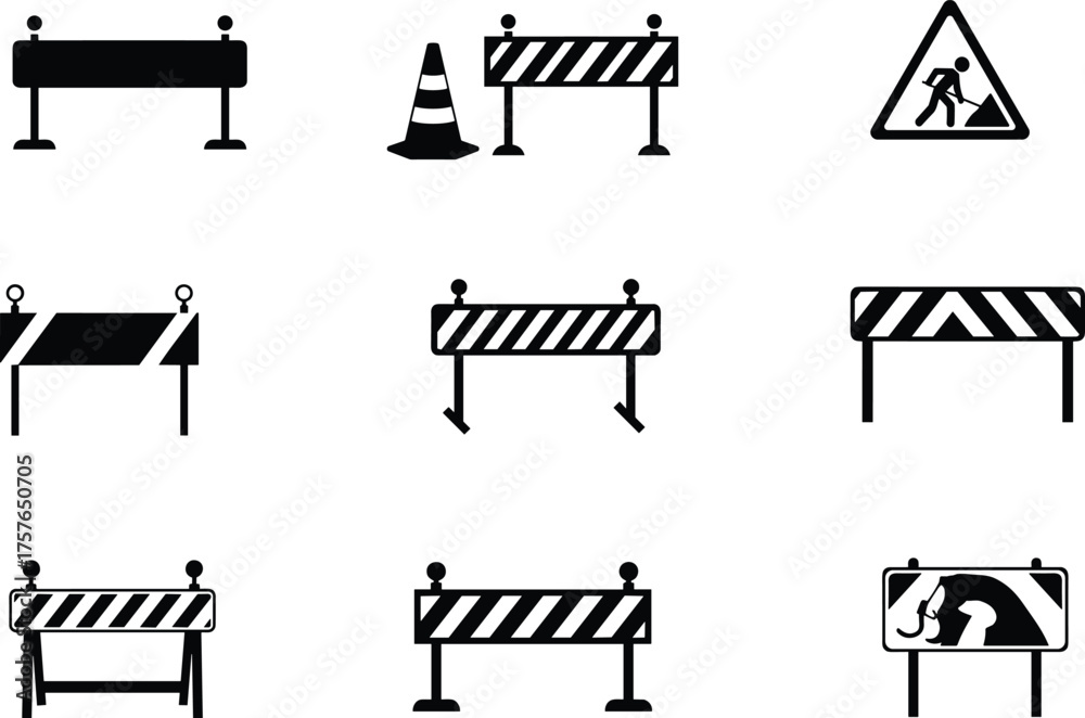 Road construction icons, traffic cone, striped barrier, warning sign ...