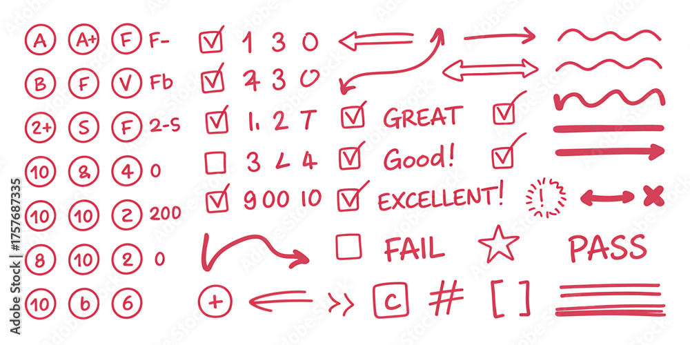 Handwritten red marker marks symbols arrows checkmarks numbers words ...