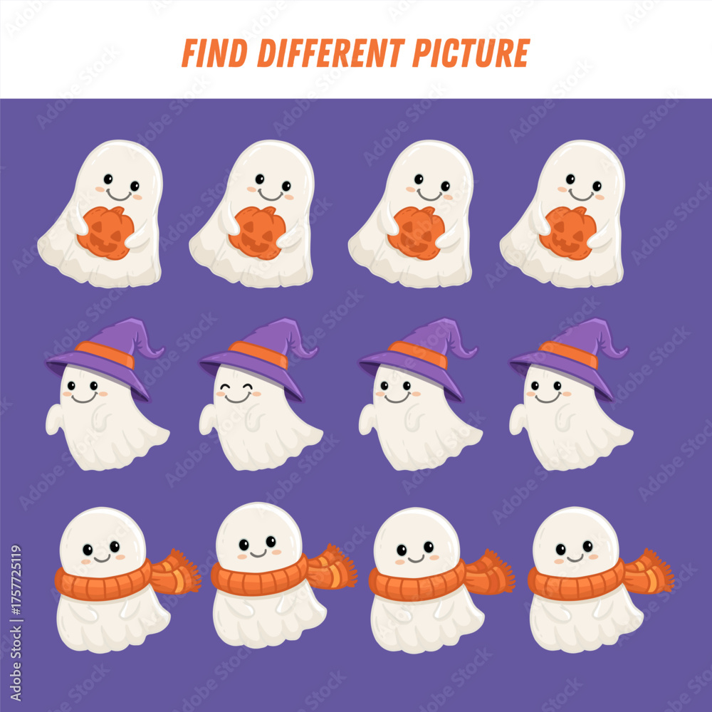 Find different ghost in each row. Halloween Logical game for kids ...