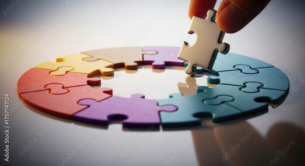 Diverse puzzle pieces forming a circle, with a hand adding the final ...