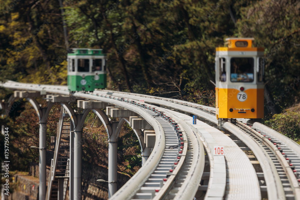 Haeundae Blue Line Park, Busan, ride on multicoloured sky capsule train ...