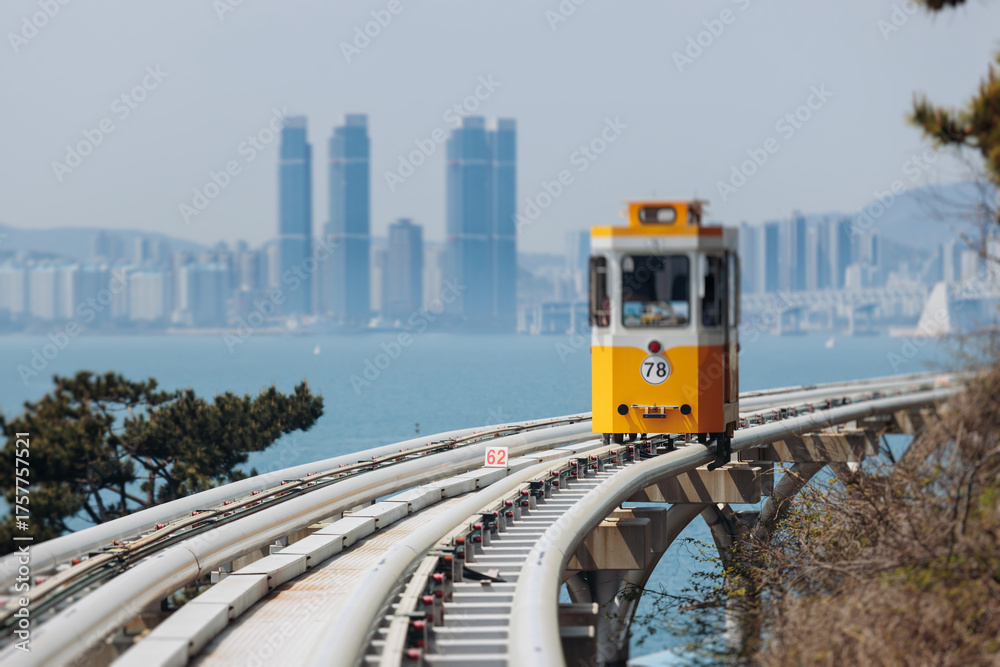 Haeundae Blue Line Park, Busan, ride on multicoloured sky capsule train ...