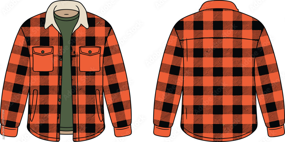 Red black flannel shirt front and back view, CAD drawing, flat vector ...