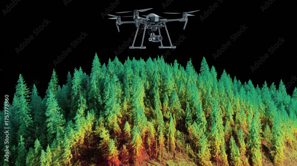 Medium shot of a drone capturing detailed topographic LIDAR data over a ...