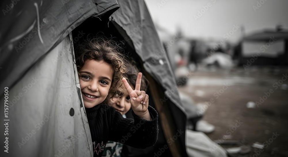Smiling children peek from a tent in a refugee camp, offering peace ...