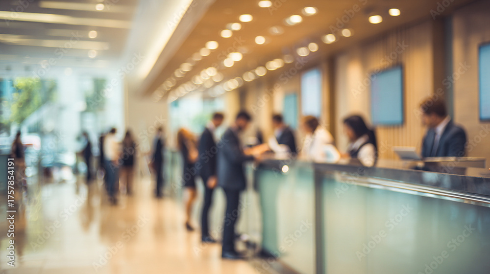 Blurred image of people queuing at service counter inside a modern ...