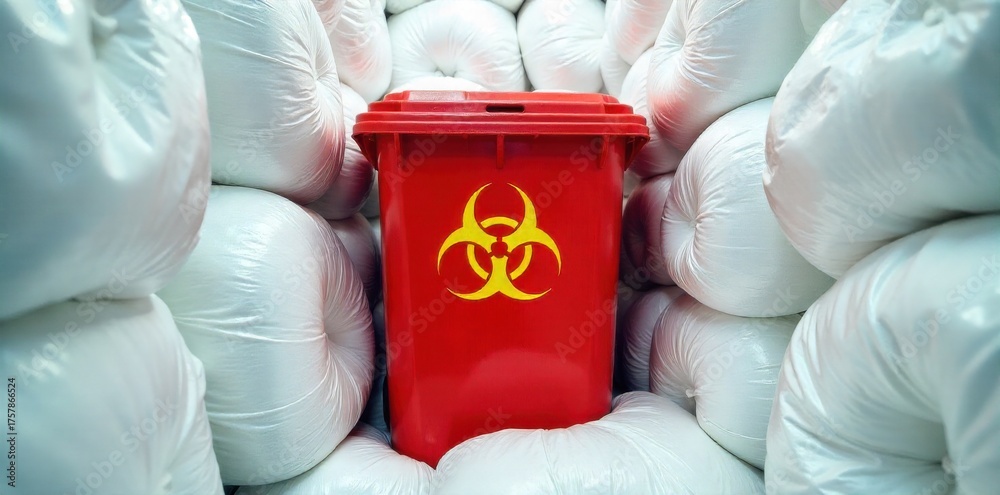 Fotografie Secure biohazard waste container with warning symbols ...