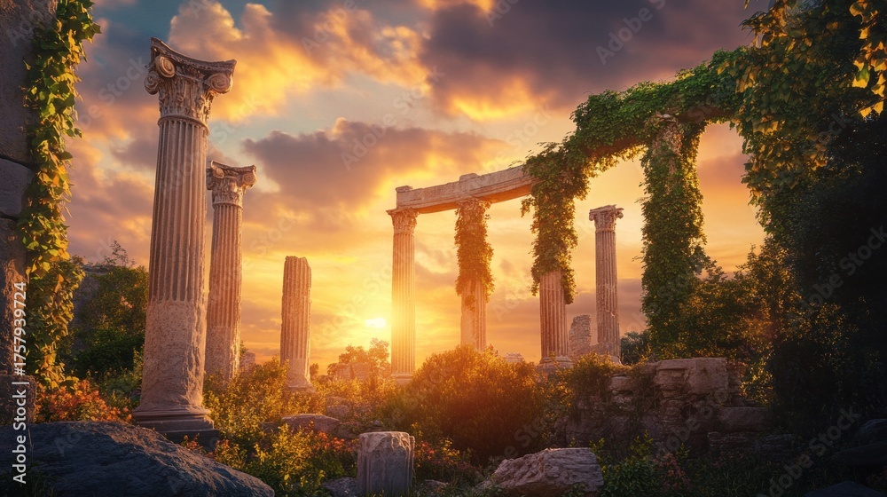 Ancient Roman temple ruins, weathered marble columns, overgrown with ...