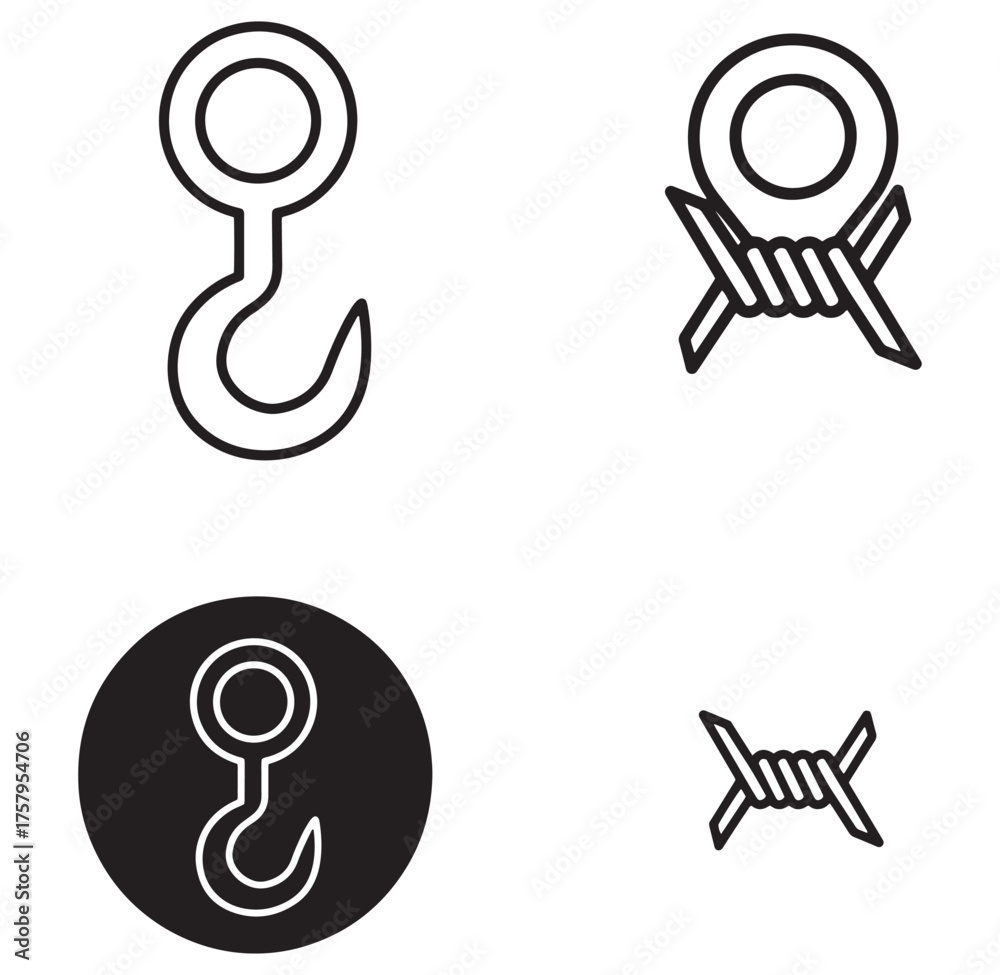 Collection of simple vector illustrations of hooks and barbed wire ...
