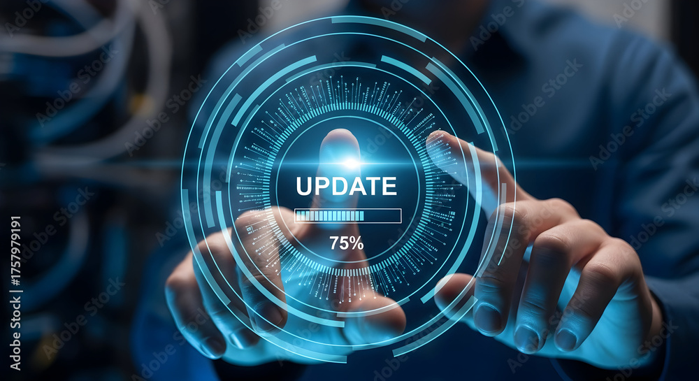 Modern technology user initiates software update on futuristic digital ...