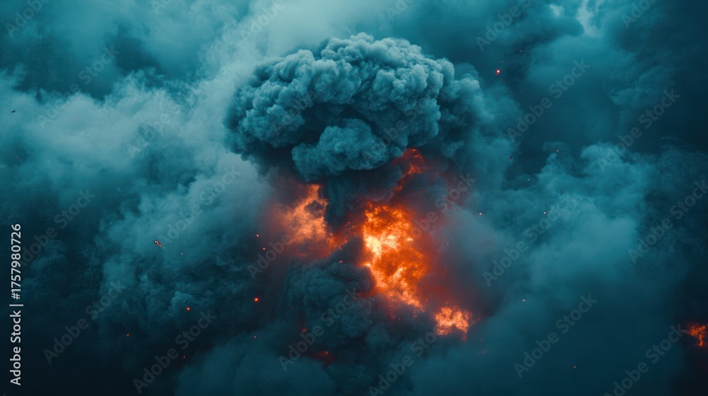 Massive explosion, dark clouds, fiery blast, dramatic scene. Possible ...