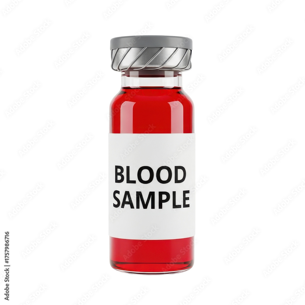Vile containing red liquid labeled "BLOOD SAMPLE" ready for clinical ...
