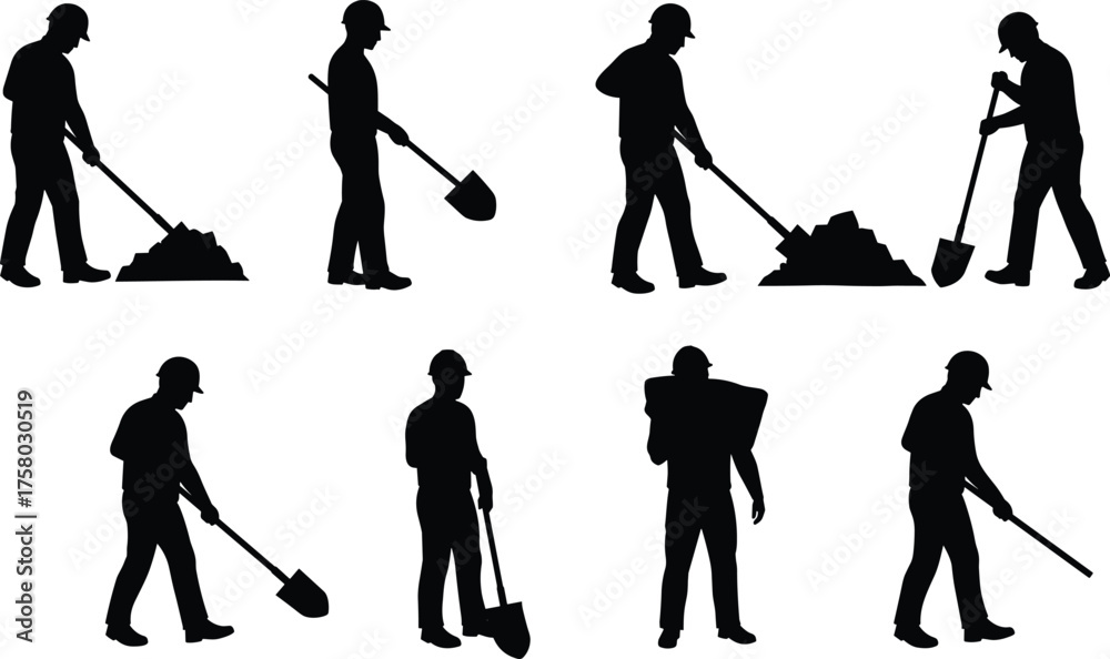 Construction worker silhouettes, manual labor icons, shovel and sack ...