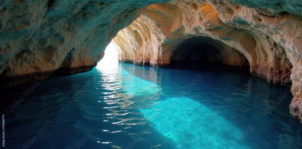Azure waters caress ancient stone arch & sea caves at Blue Grotto ...