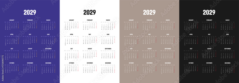 Stock-Vektorgrafik „2029 Calendar - vector illustration. Week starts on ...