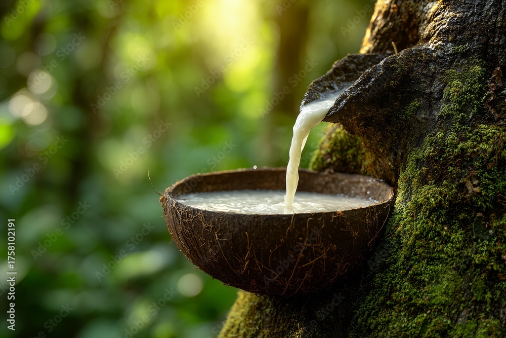 Close-up of rubber latex dripping into coconut shell from rubber tree ...