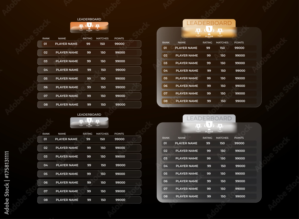 Dark brown glassmorphism leaderboard UI template pack, elegant ...