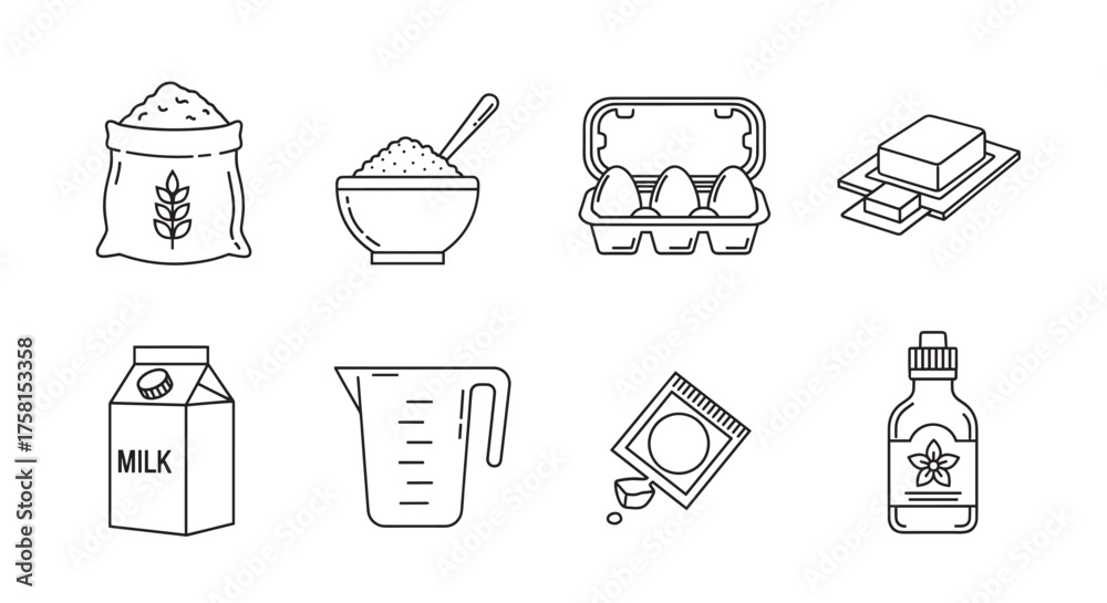 Black outline icons depicting a sack of flour, a bowl of sugar, an egg ...