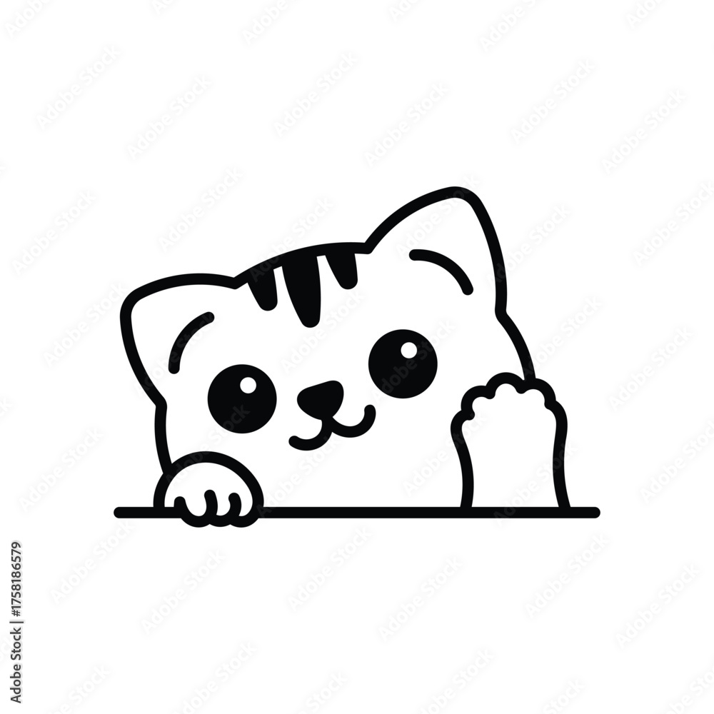 Cartoon cat peering over a ledge with paw raised in a wave の Stock ベクター ...