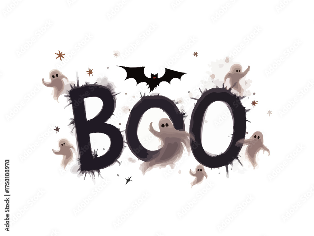 Stock-Vektorgrafik „Boo typography design with ghost and bat ...