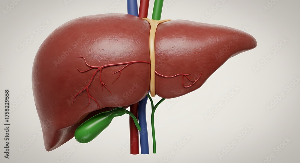 Anatomical illustration of a human liver with gallbladder and vascular ...