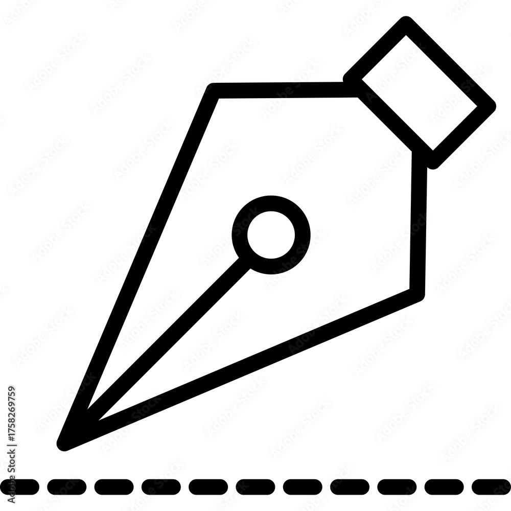 Simple Black Outline Icon Of A Fountain Pen Nib Writing A Dashed Line ...
