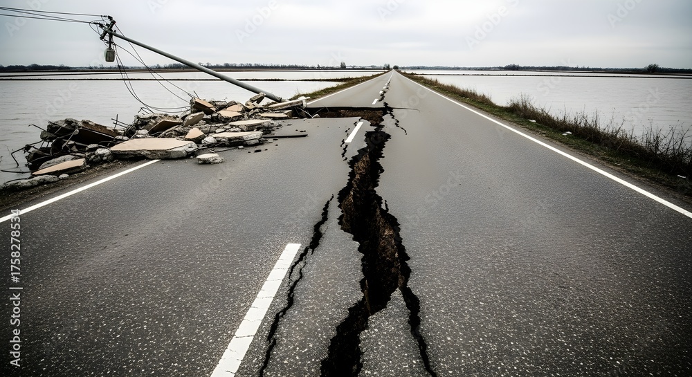 Road Damaged by Earthquake Destruction and Aftermath on Asphalt Surface ...