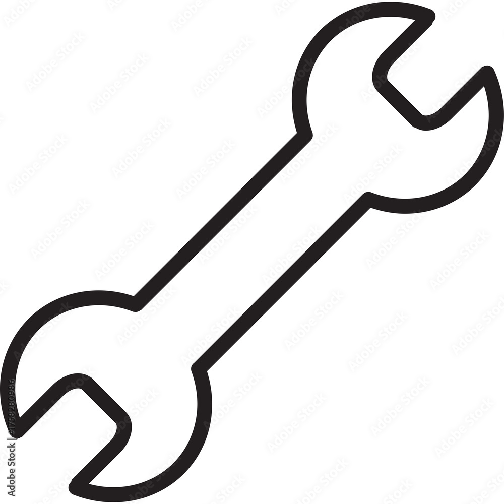 Single line drawing of a silver wrench tool on a transparent background ...