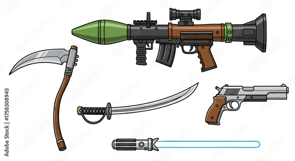 Cartoon Weapons Collection Illustration: Medieval Scythe, Futuristic ...
