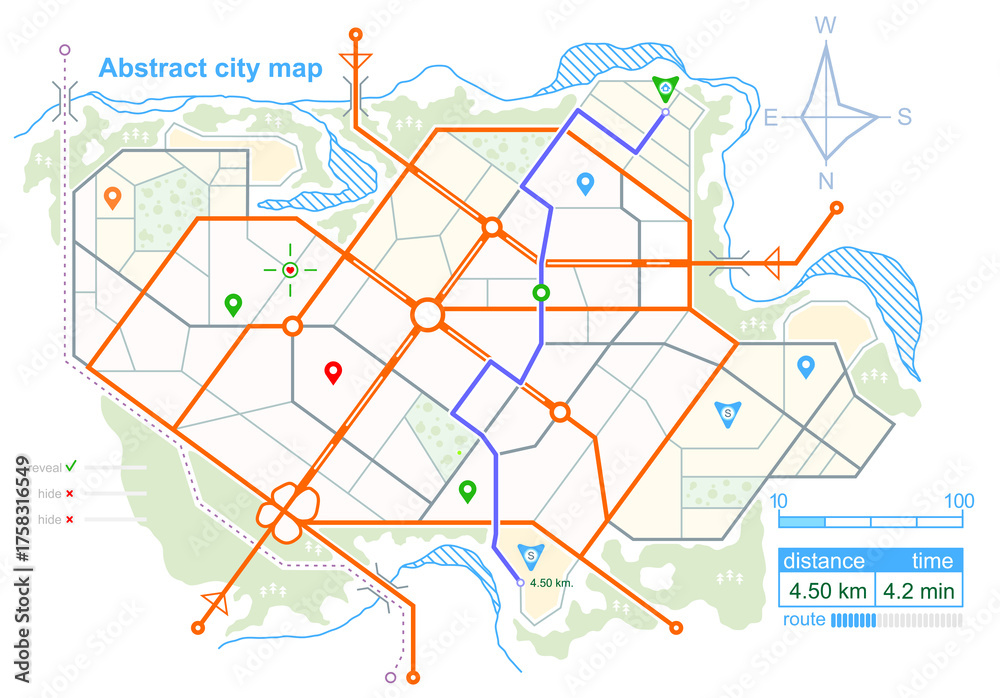 Generic map of an imaginary city, with the specified road route. Scheme ...