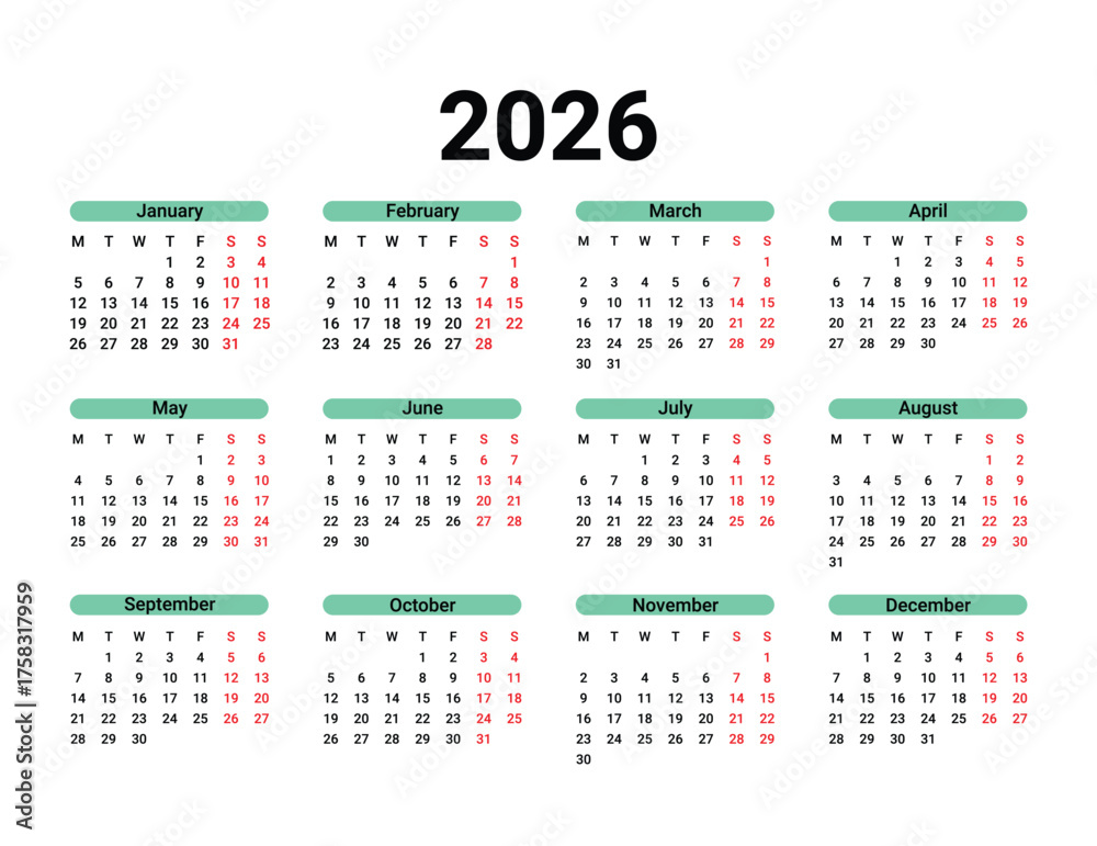 Vector de Stock 2026 Calendar With Colored Month Headers year grid On ...